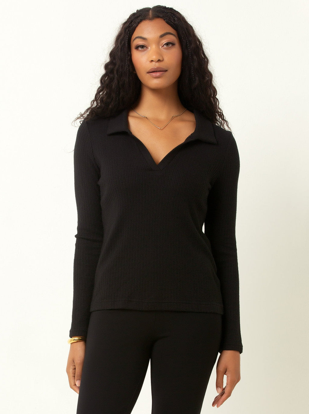 Ribbed V-Neck Sweater with Collar | Single Stitch by Felina